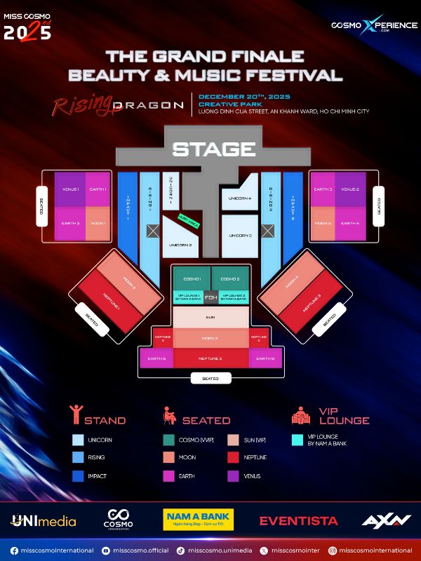 LAYOUT SÂN KHẤU CHUNG KẾT MISS COSMO 2025: CÁC HẠNG VÉ BAO QUANH SÂN KHẤU, VỊ TRÍ NÀO CŨNG ‘BẮT ...